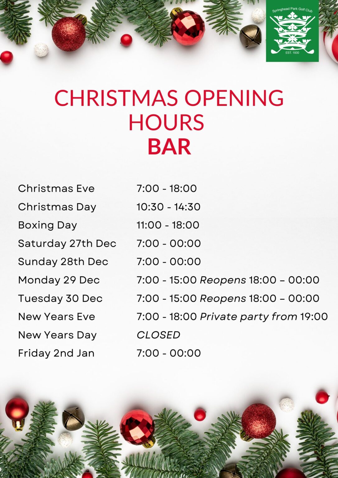 Christmas Opening Hours – Coffee Shop & Bar - Springhead Park