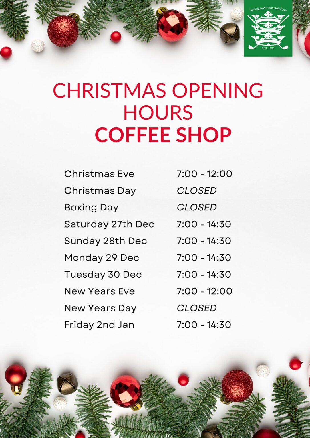 Christmas Opening Hours – Coffee Shop & Bar - Springhead Park
